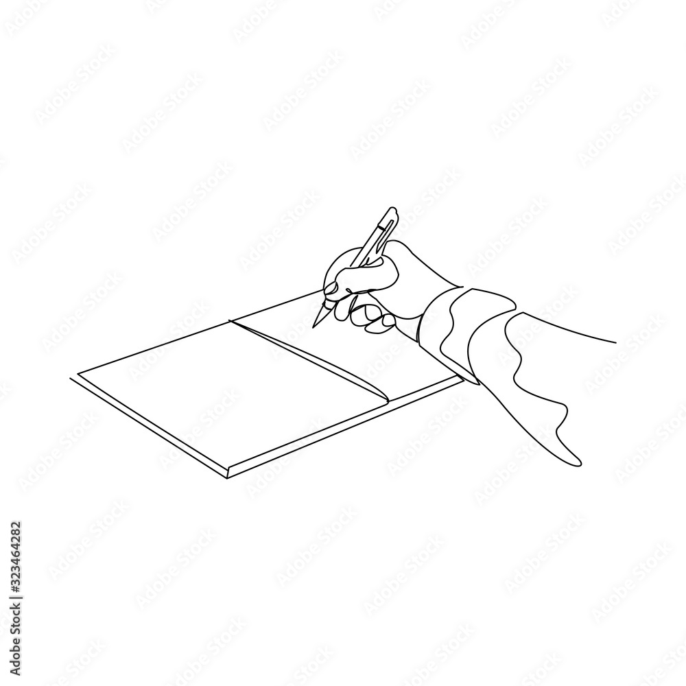 Continuous line drawing of hand writing on book paper with pen. Vector ...