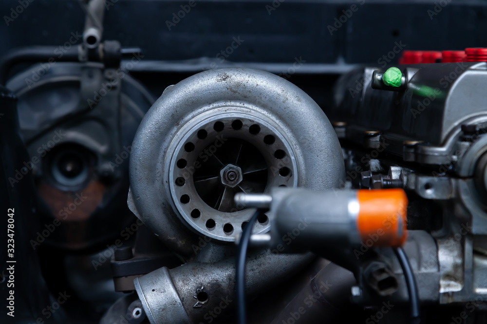 Turbo charger installed on car engine for power booster torque drive ...