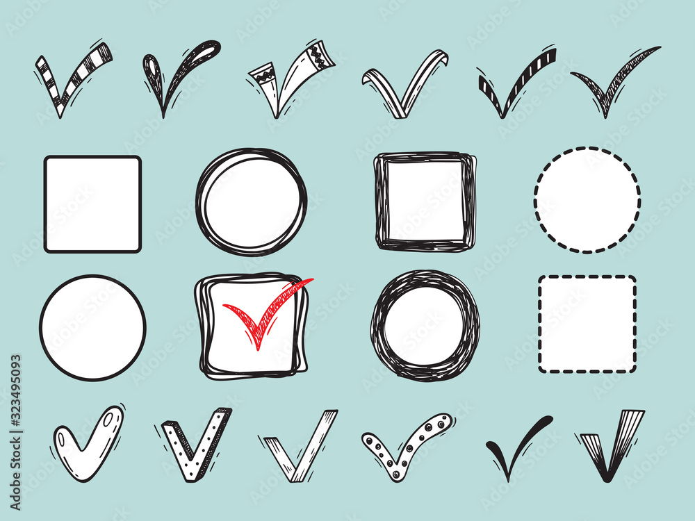 Vector Checkmarks and Checkboxes Set. Hand Drawn Doodle Tick symbol. Check List Button Sign ...