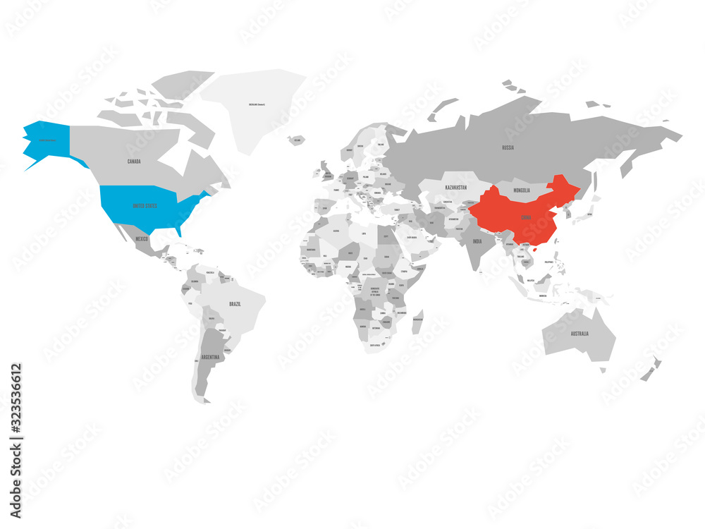 United States and China highlighted on political map of World. Vector ...