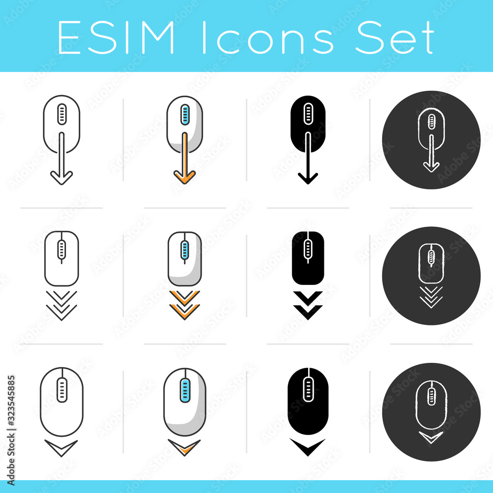 Scrolling down icons set. Computer mouse and arrowheads buttons. Moving ... Scrolling down icons set. Computer mouse and arrowheads buttons. Moving ...