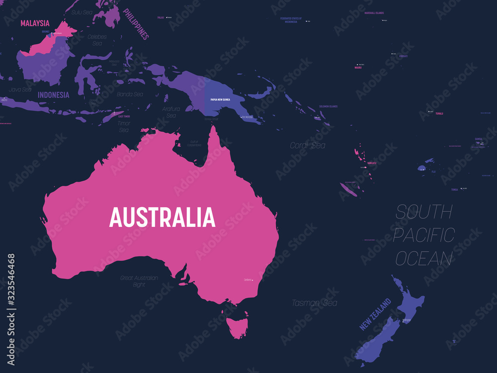Australia and Oceania map. High detailed political map of australian and pacific region with ...