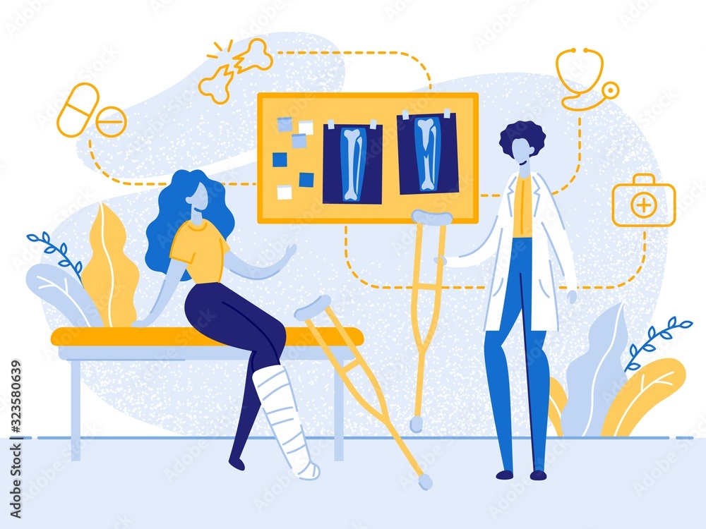 Cartoon Woman Injured Foot Cast. Doctor with Crutch Check Vector ...