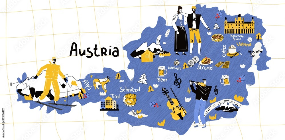 Austria map flat hand drawn vector illustration. Names lettering and ...
