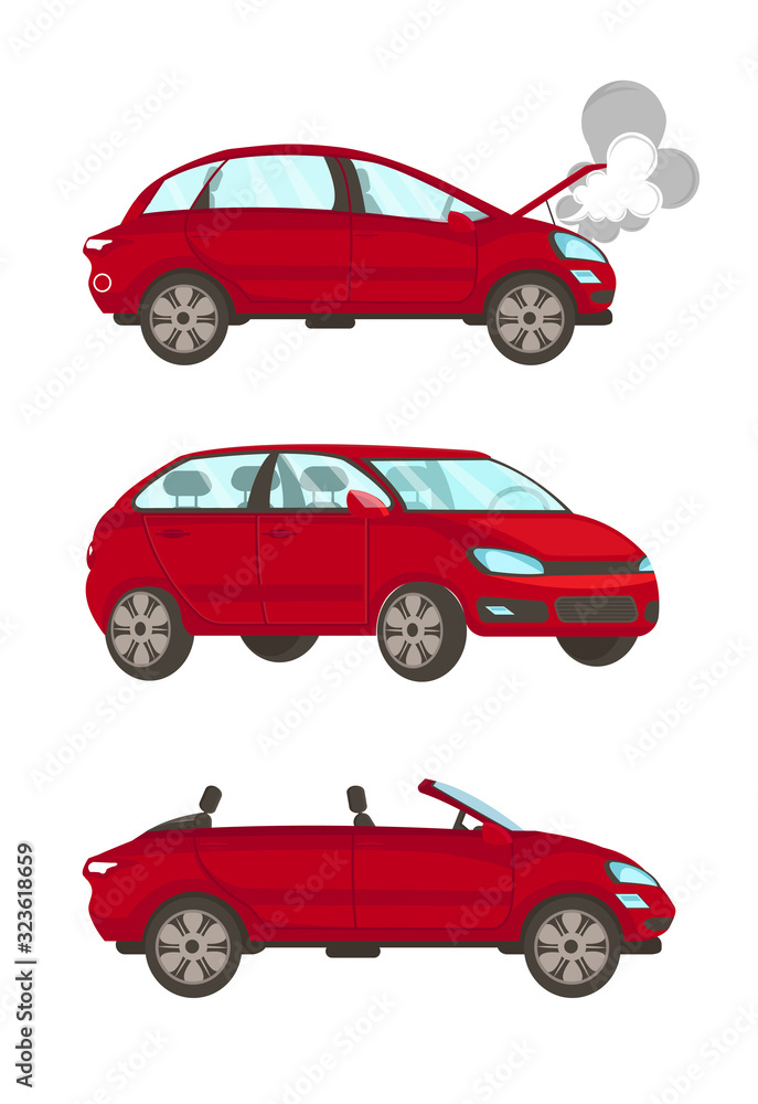Broken Car Flat Cartoon Vector Illustrations Set. Automobile Breakdown ...