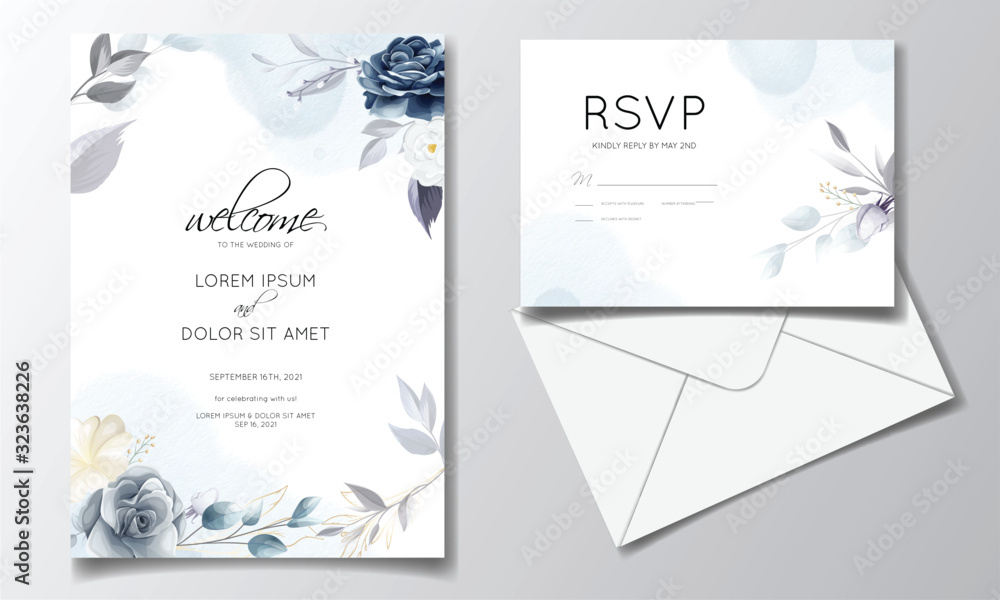 Navy blue floral wedding invitation card template with golden leaves ...