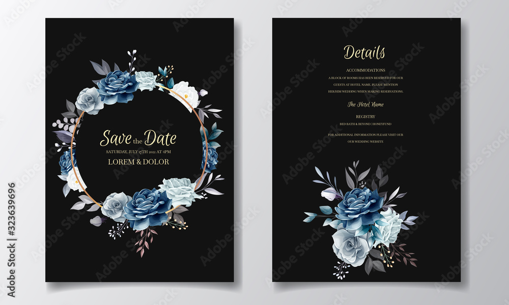 Navy blue floral wedding invitation card template with golden leaves ...