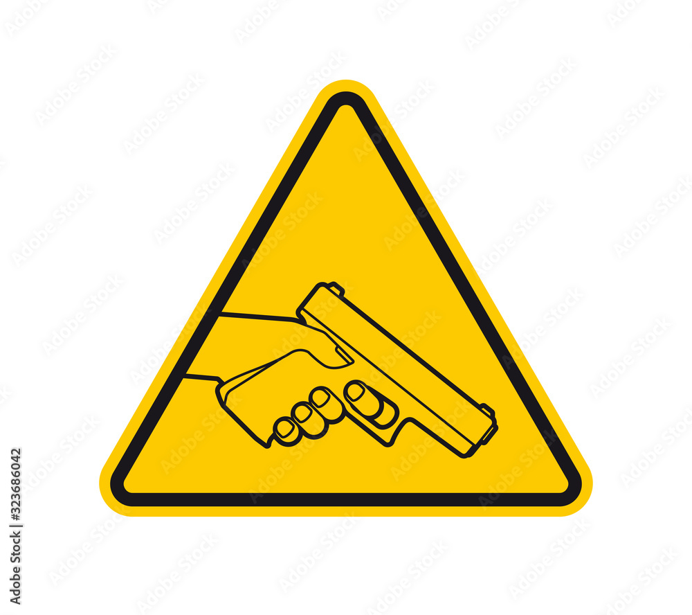 Vector yellow triangle sign - black silhouette hand holding gun ...