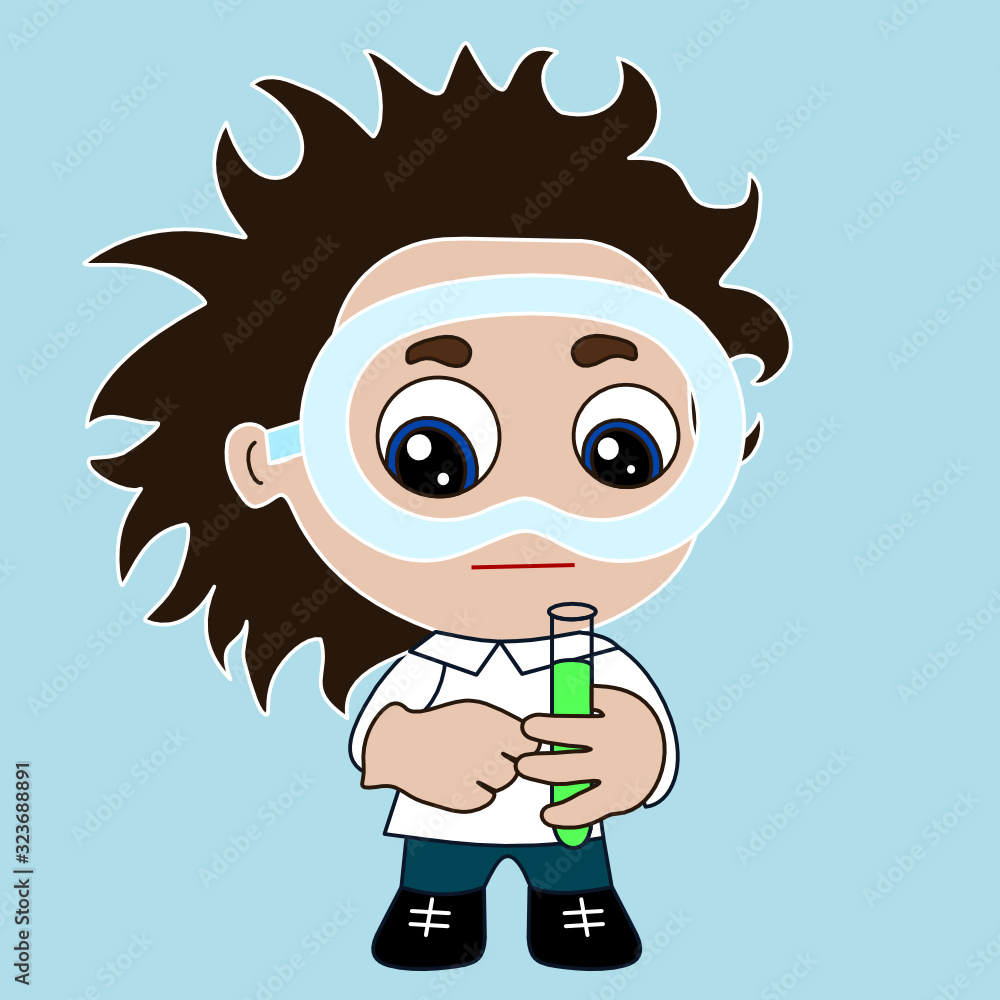 emoticon with lab worker wearing protective glasses or goggles looking ...