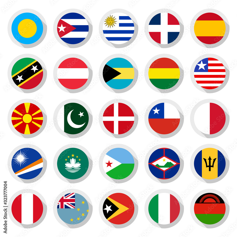 25 Flags of the world, set icons circular shape, flat vector ...