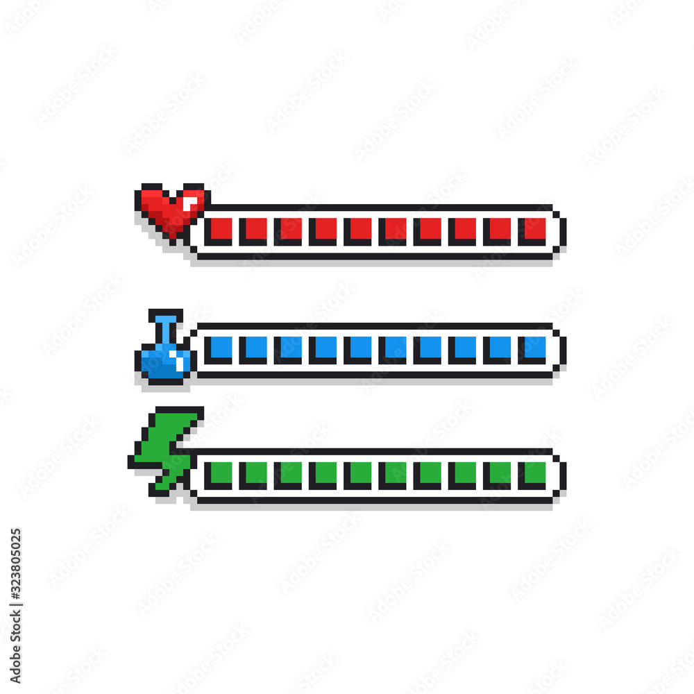 Pixel art 8 bit retro styled game design interface set - red health ...