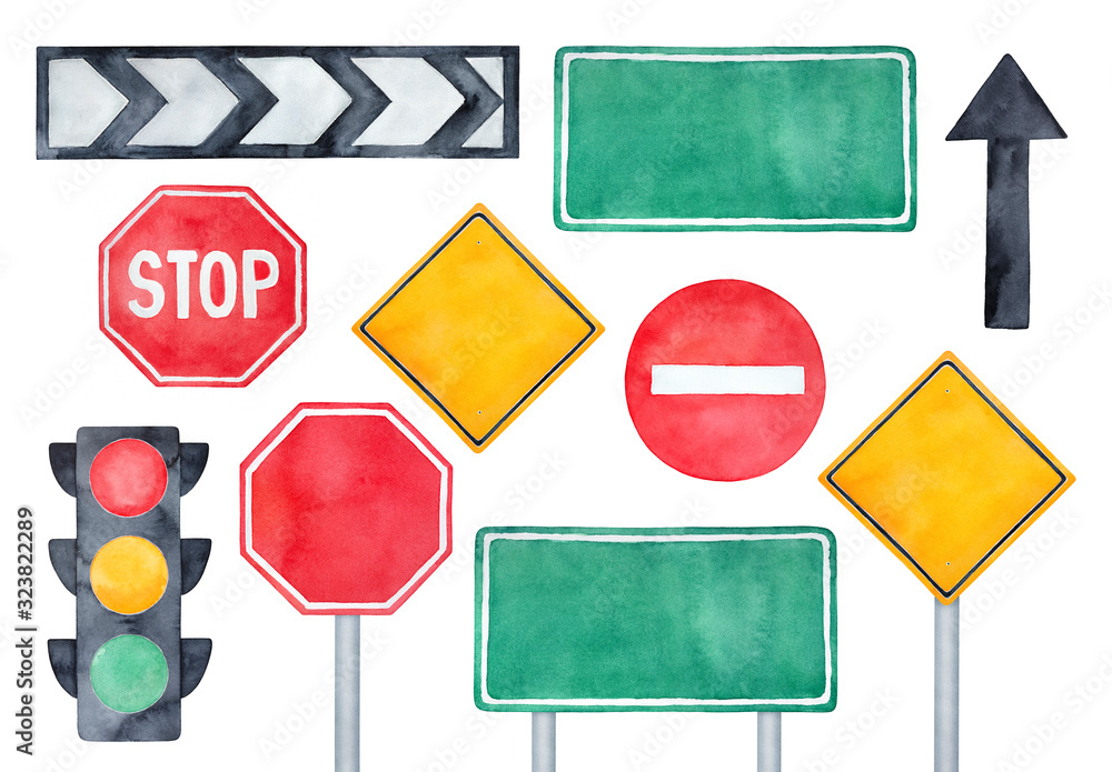 Watercolour illustration pack of various road signs, traffic lights and ...
