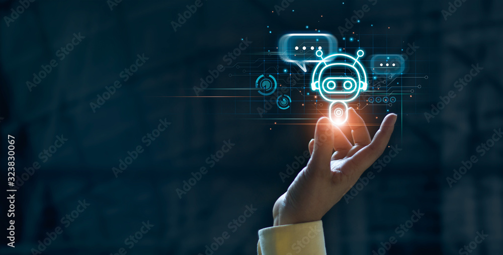 Hand touching digital chatbot for provide access to information and ...