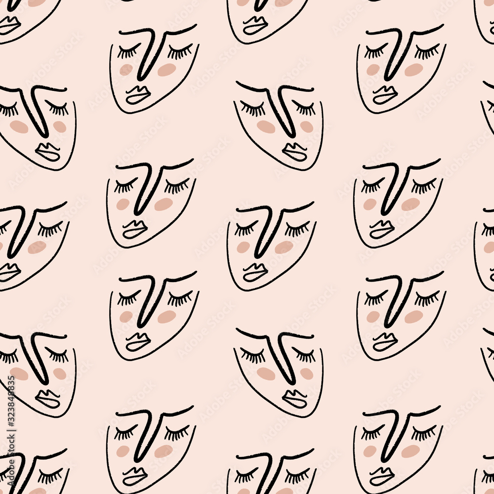 One line drawing abstract faces seamless pattern. Modern aesthetic ...