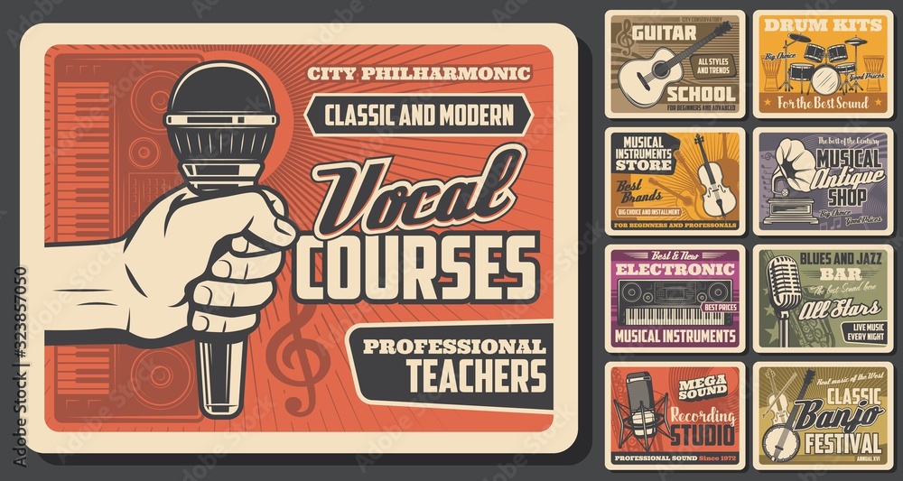 Music retro posters with musical instruments and microphones. Vector ...