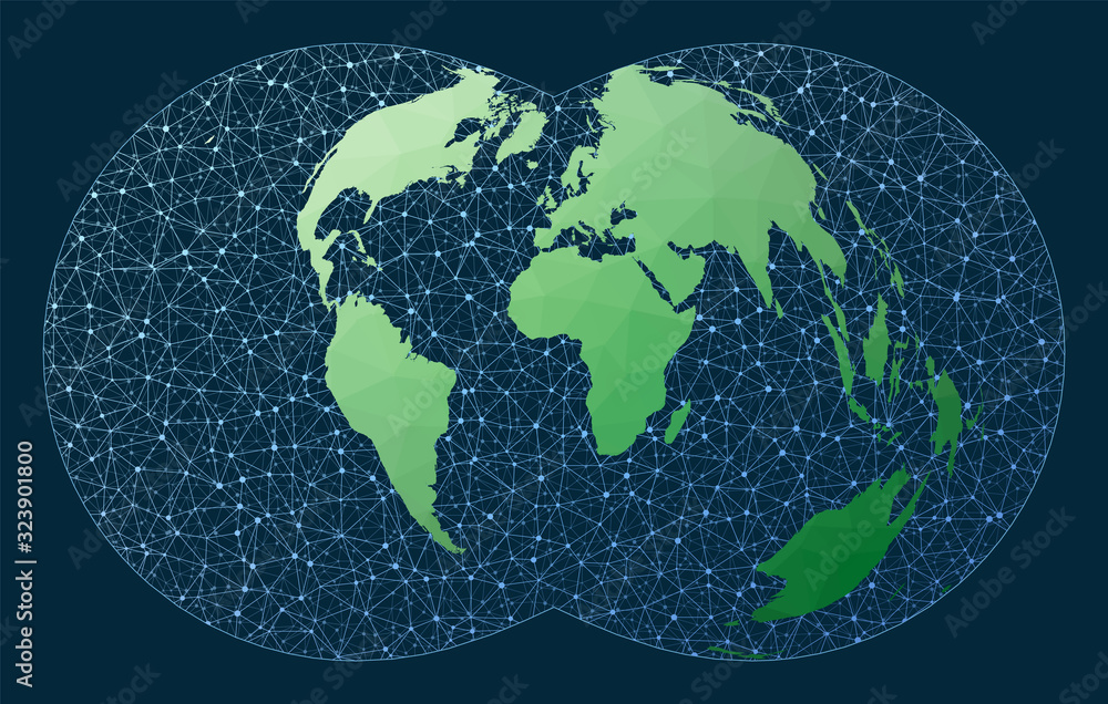 World map connection. Rectangular Polyconic projection. Green low poly ...