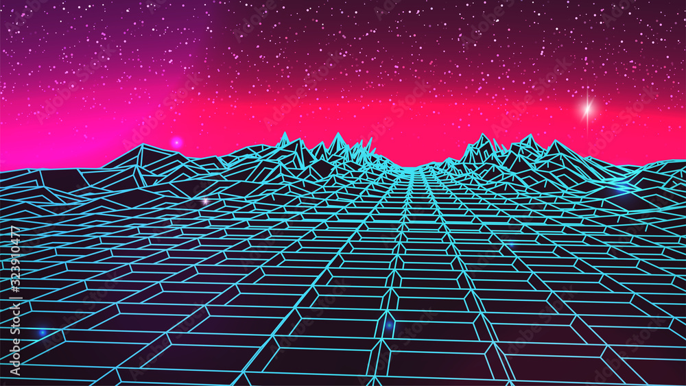 Стоковий вектор Synthwave Background. Retrowave Backdrop. Wireframe 3d Landscape. Retro Future ...