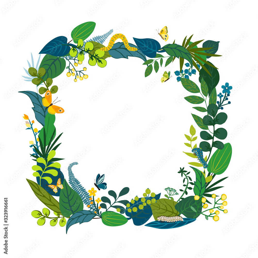 Beautiful floral background, frame. Green leaves, colorful flowers ...