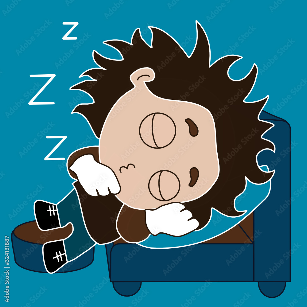 sleeping chibi boy with Zzz sign above his head, lying on an armchair ...