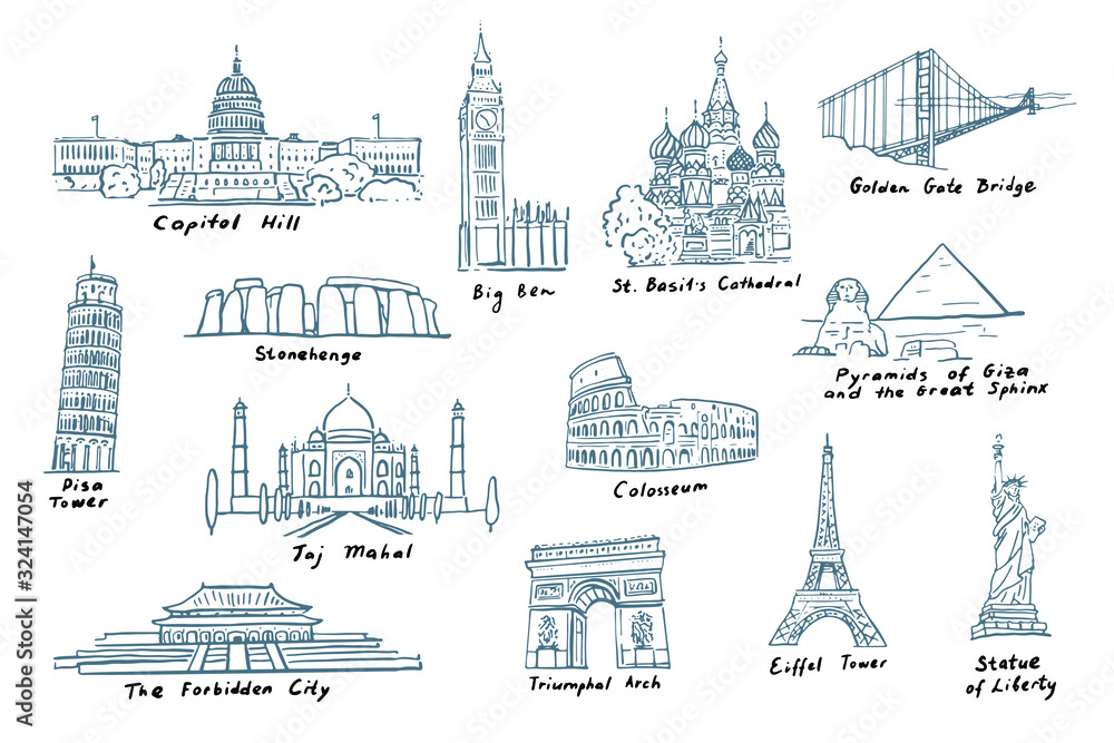 Set of most famous sights of the world. Collection of famous buildings ...