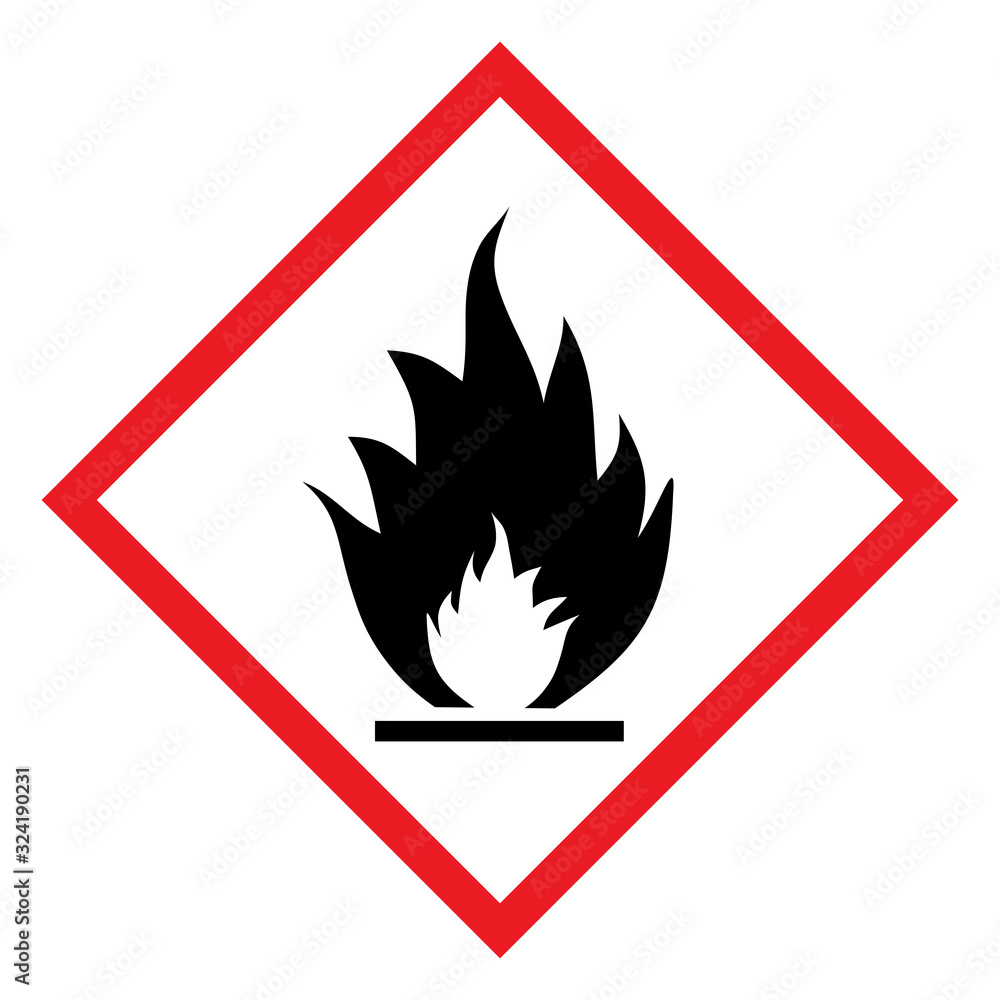 Flammable CLP hazard symbol. Diamond shape red border and white ...