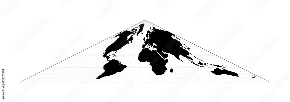 World map with meridians. Collignon equal-area pseudocylindrical ...