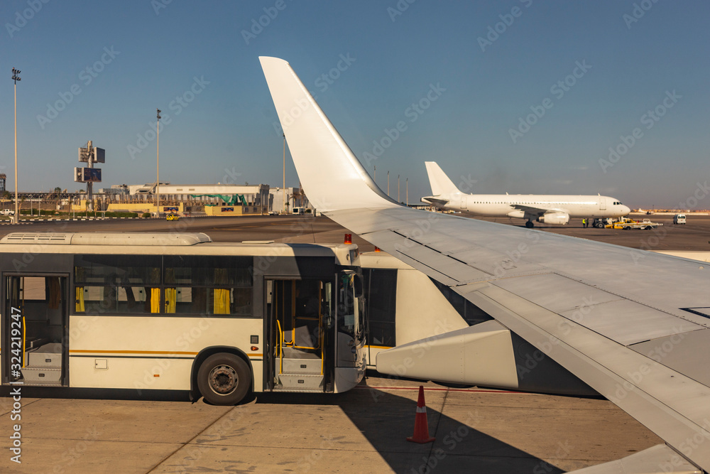 Sinai. Egypt. The plane lands on the airfield. Spoilers and flaps ...