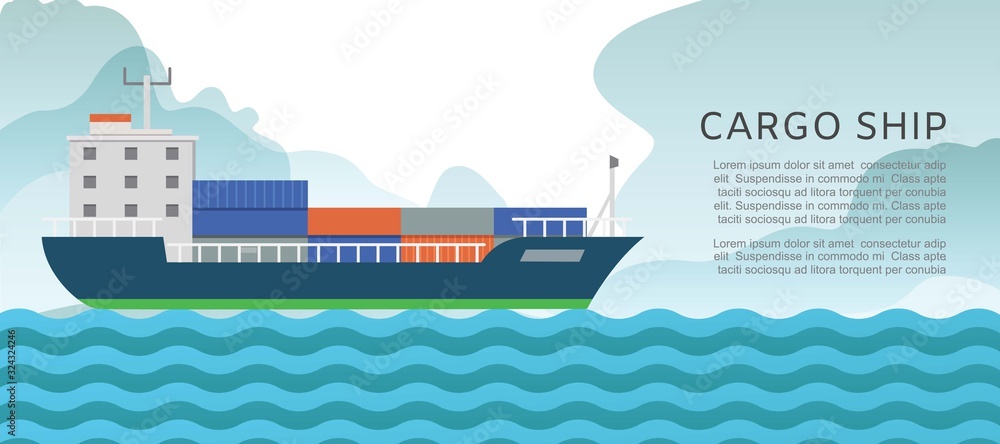 Cargo container sailing ship cartoon vector illustration. Seagoing ...
