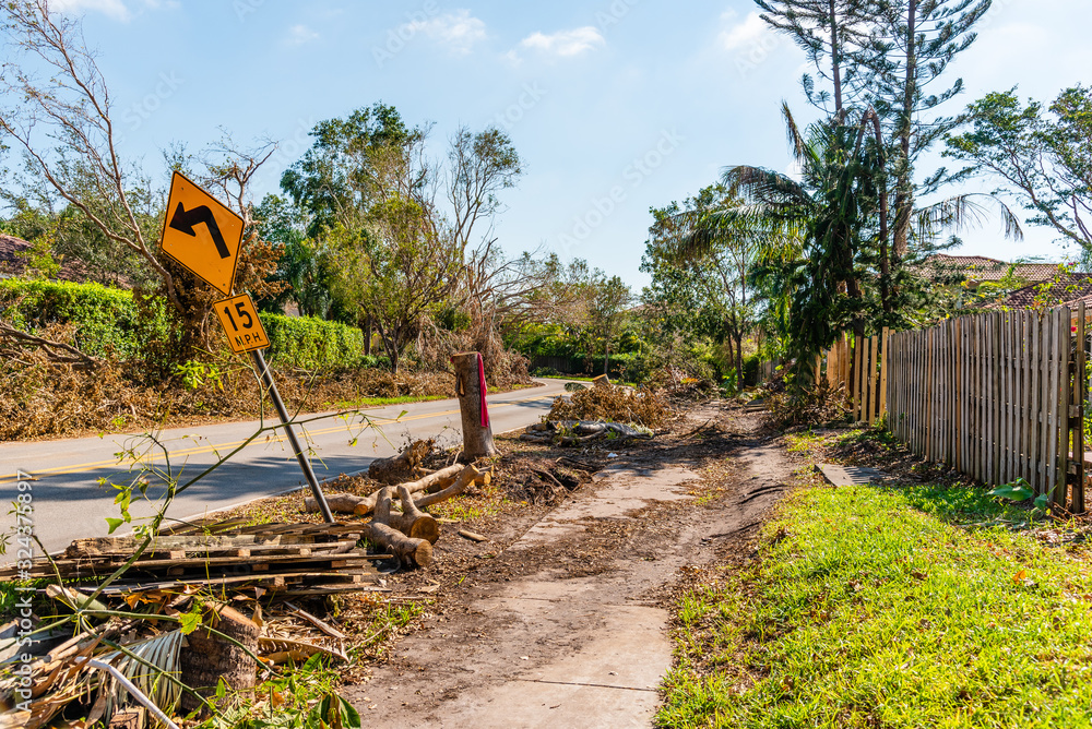 Storm damage in Florida. Fallen branches and a damaged sign portray the ...