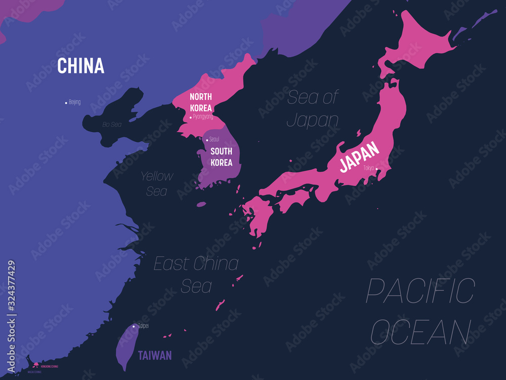 East Asia map. High detailed political map of eastern region with ...