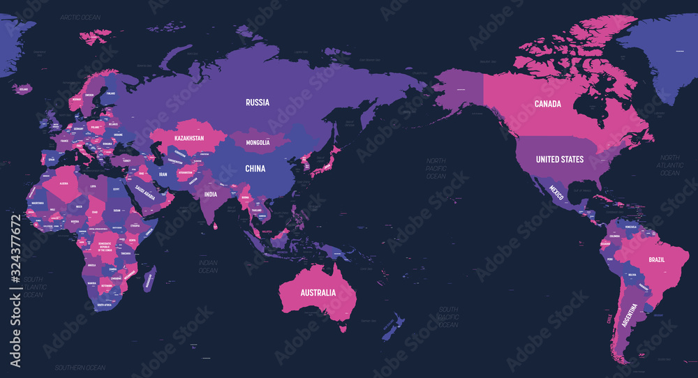 World map - Asia, Australia and Pacific Ocean centered. High detailed ...