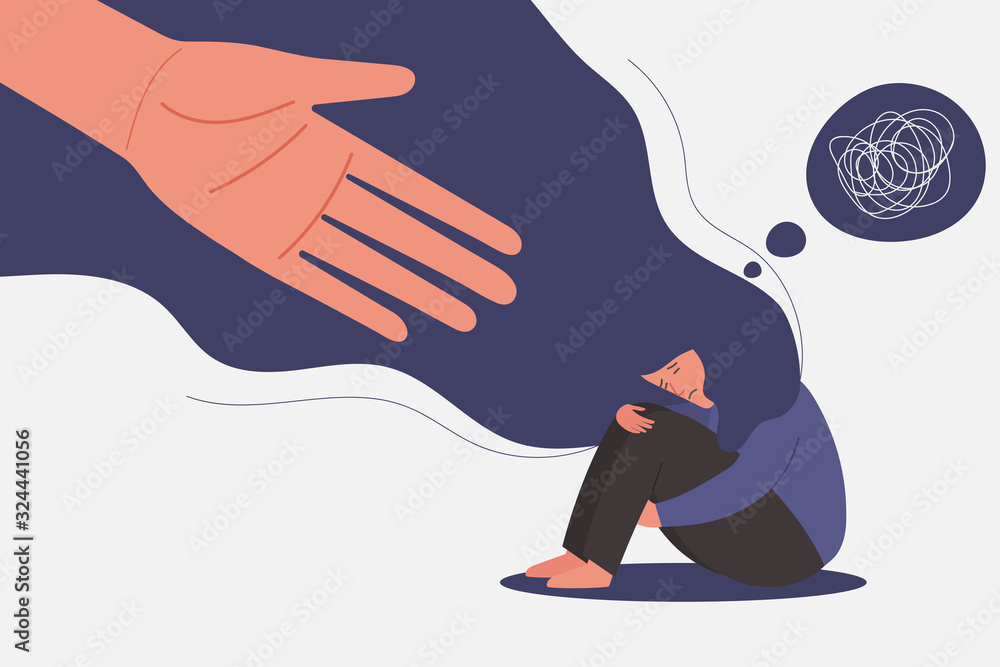 human hand helps unhappy and sad young girl in depression sitting ...