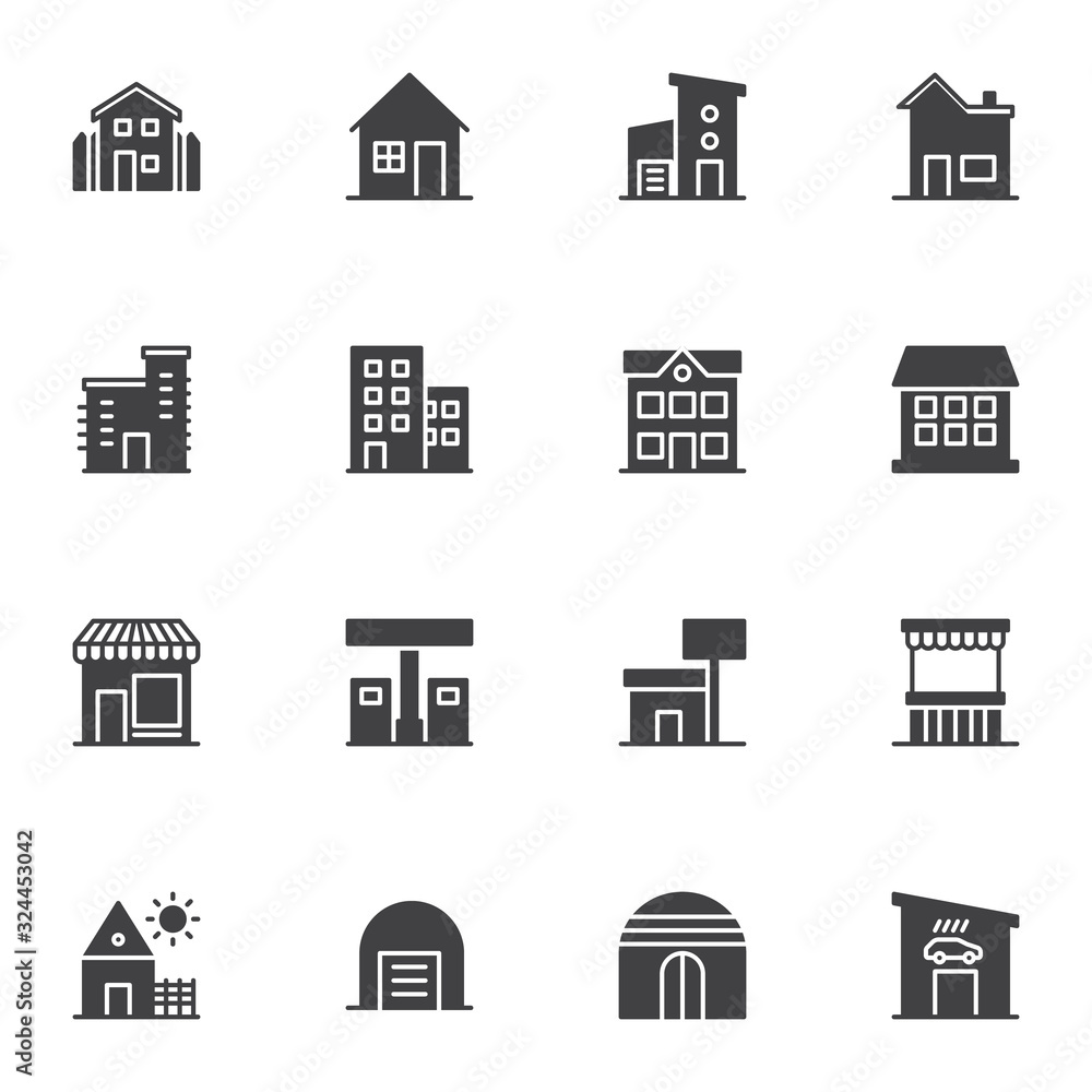 Buildings vector icons set, modern solid symbol collection, filled ...