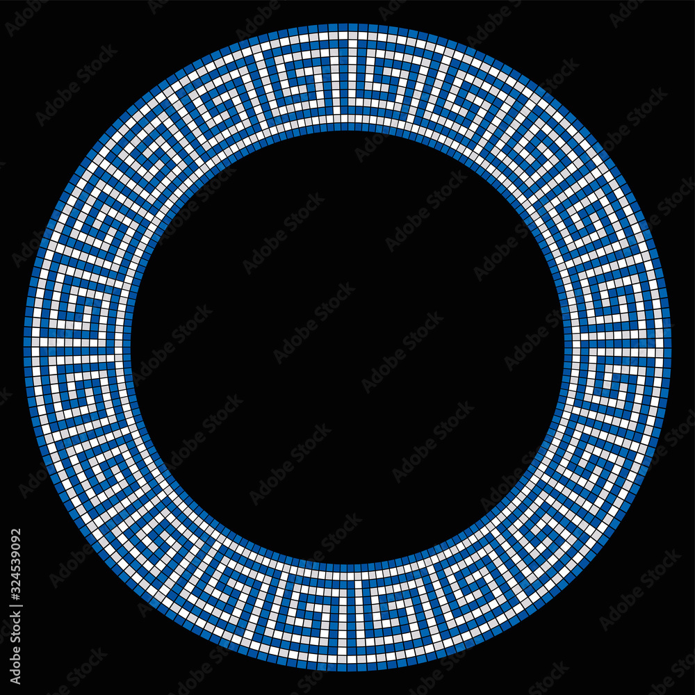 Circle shaped meander mosaic, frame in blue and white. Frame with ...