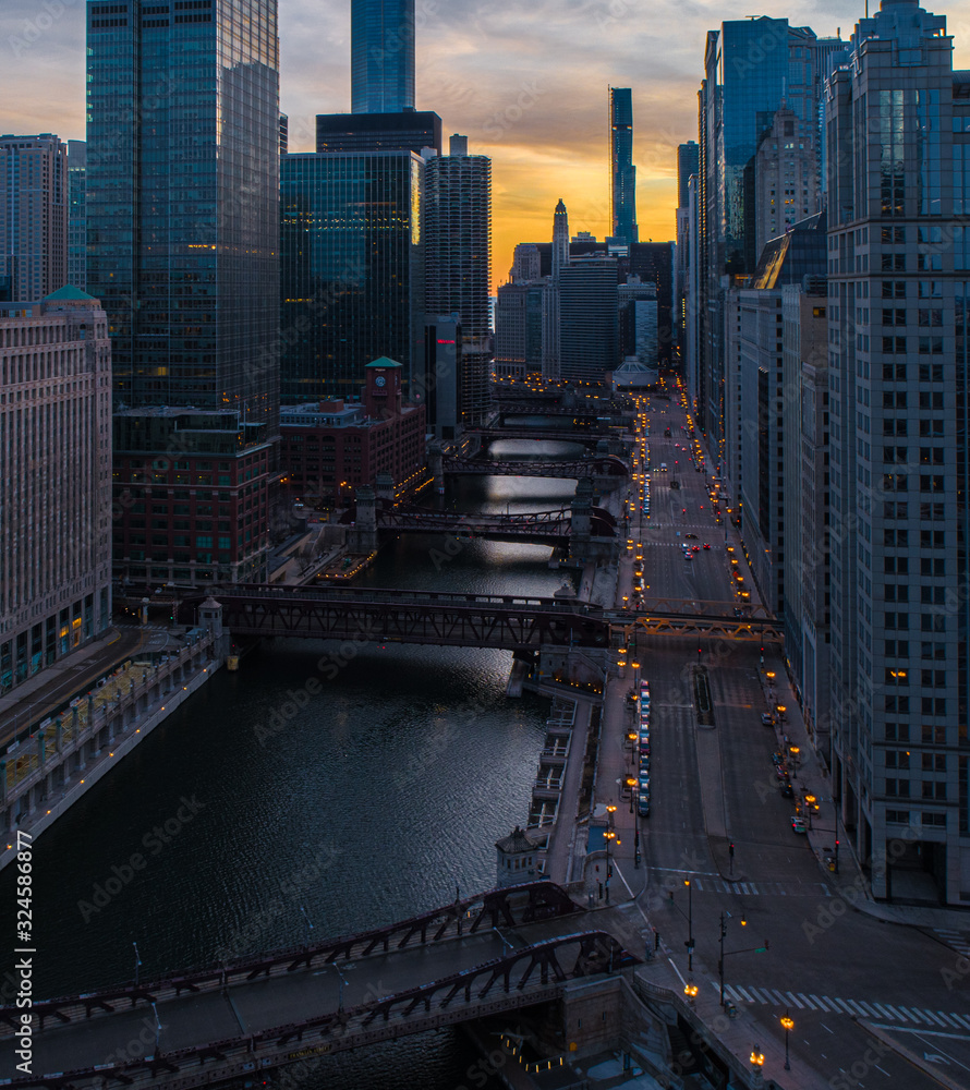 Chicago Skyline & River Sunrise Aerial Photo Stunning Sky Stock Photo ...