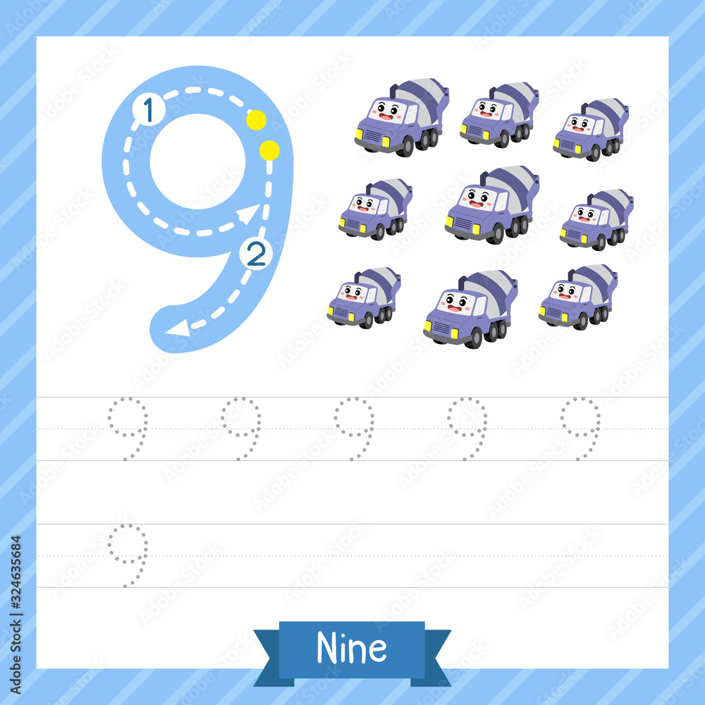 Number nine tracing practice worksheet with 9 concrete mixer trucks for ...