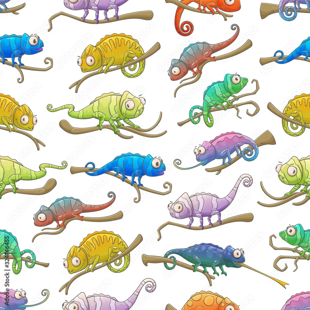 Chameleon lizards vector seamless pattern. Reptile animals background ...