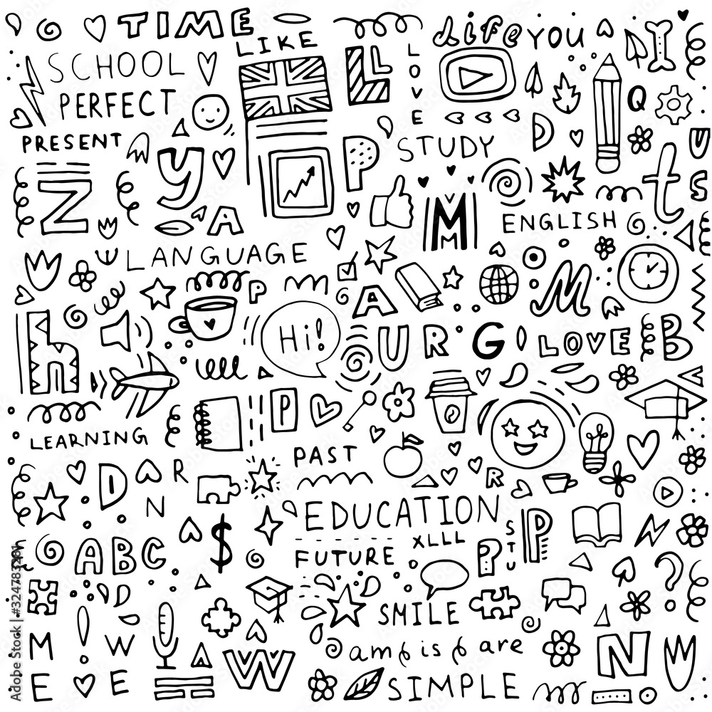 Black and white doodle background about learning English for a language ...