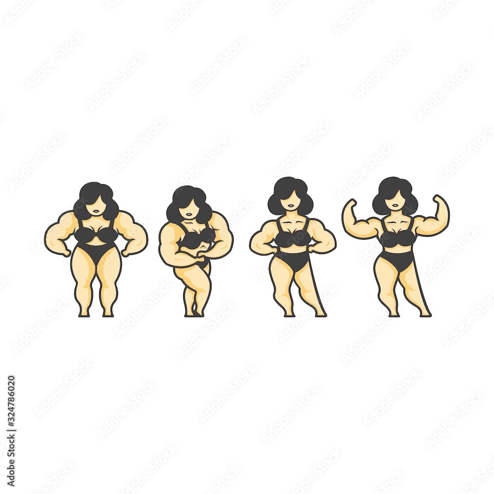 Female Bodybuilding, Set of Women Bodybuilders Cartoon, Vector ...
