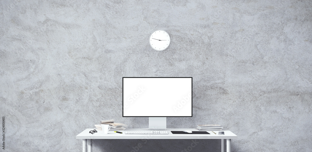 Mockup Scene New computer display and office tools on desk. Blank ...