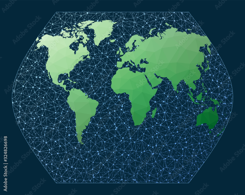 World map connection. Ginzburg 8 projection. Green low poly world map ...