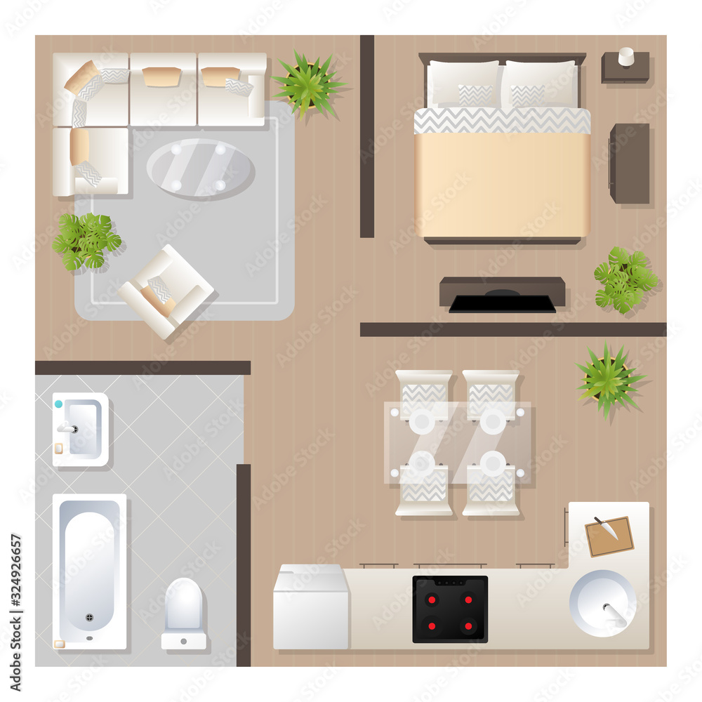 Apartment design with furniture top view, architectural plan, kitchen ...