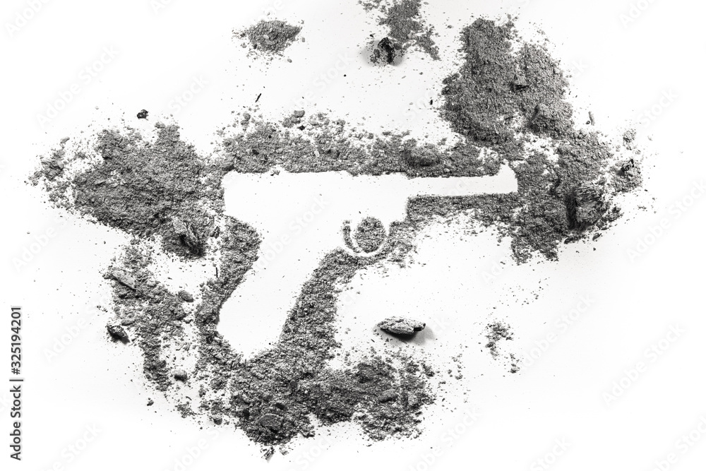 Luger pistol hand gun weapon silhouette drawing in ash, dust, dirt as ...