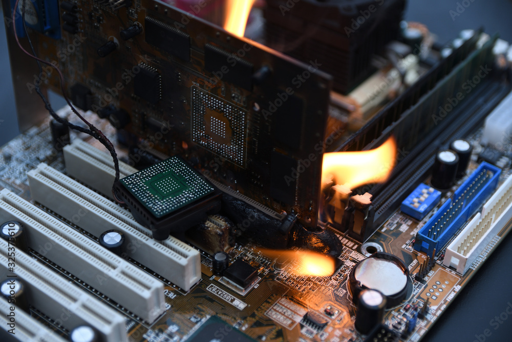 Fire Burning ,blazing computer motherboard, cpu,gpu and video card ...
