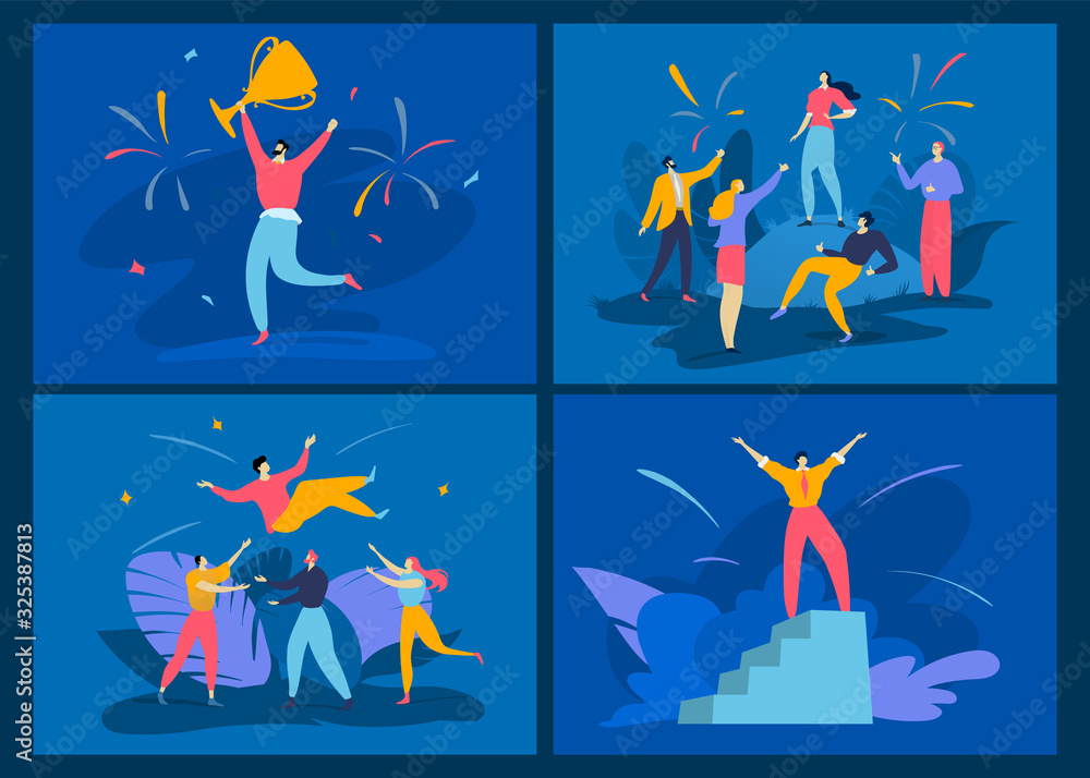 Successful people concept, team celebrating victory, set of cartoon ...