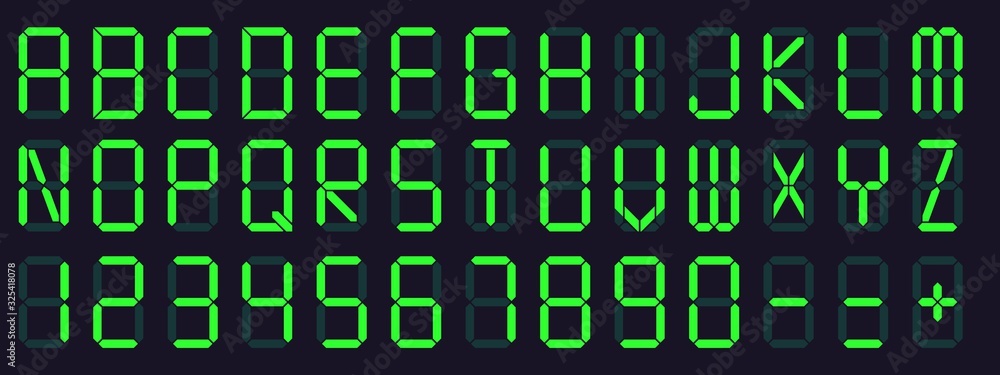 Digital display font. Alarm clock letters and numbers, electronic ...