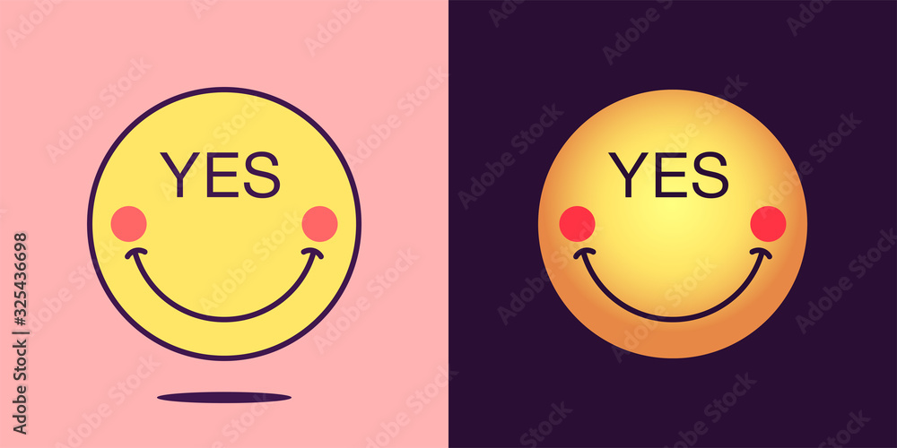 Emoji face icon with phrase Yes. Emoticon with text Yes. Set of cartoon ...