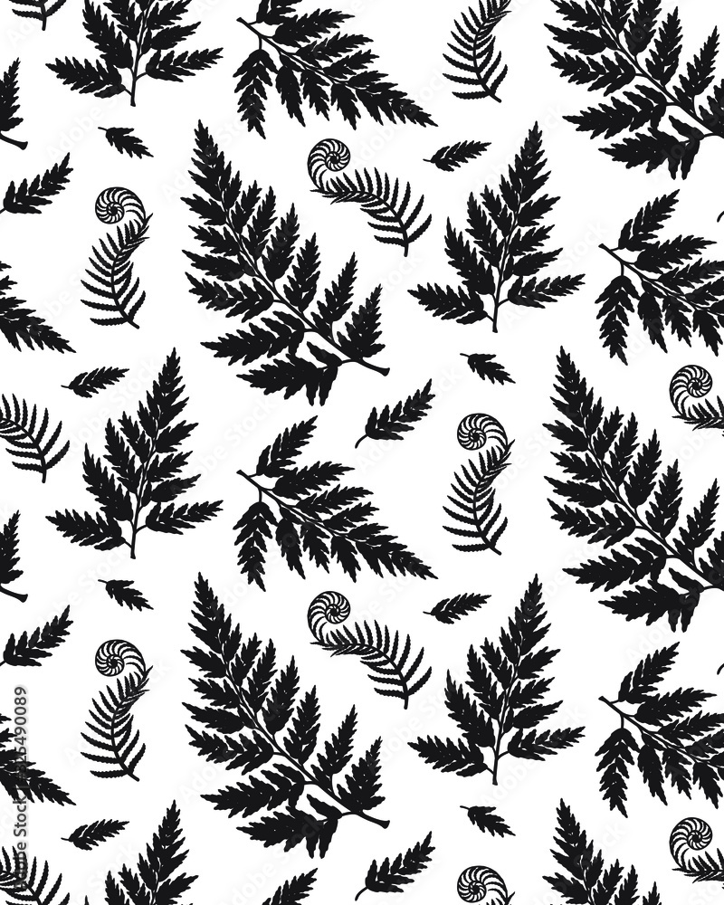 Seamless pattern with fern leaves and fern unrolling in young frond ...