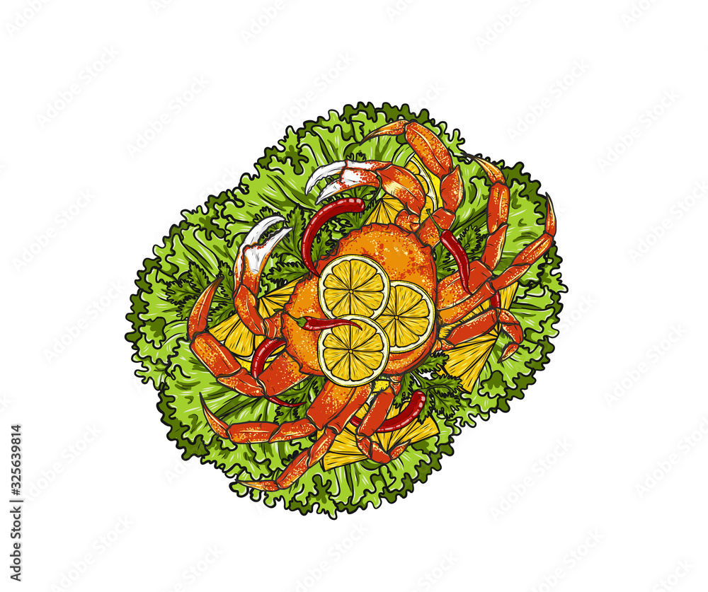 Dungeness Crab with lemon and vegetable on white background.Dungeness ...