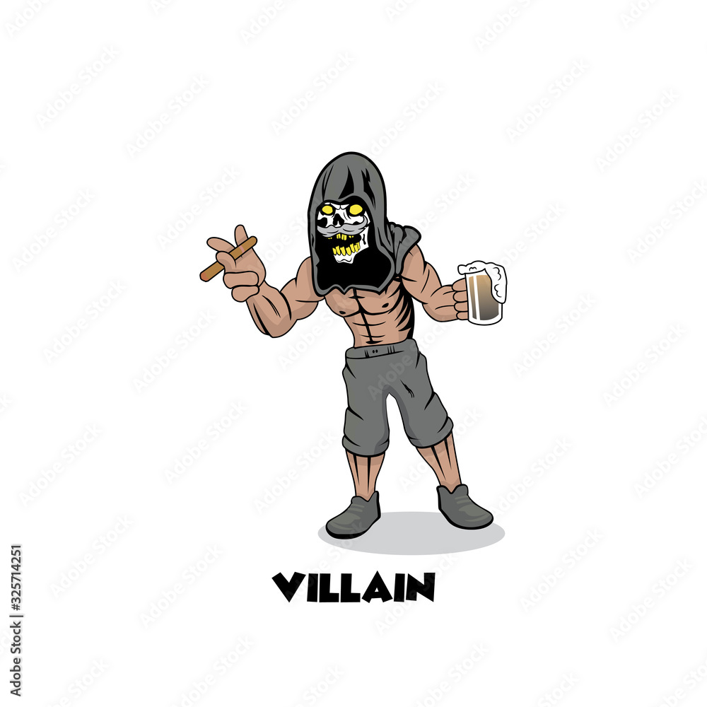 Vector of skull Villain smoking and drinking cartoon character design ...